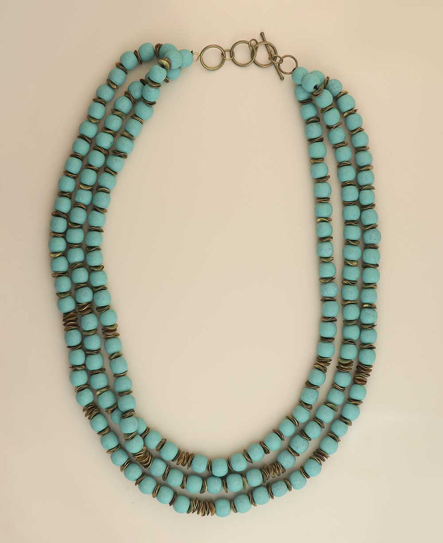 Powder Blue Multi-Strand Wood Bead Necklace with Brass Accents ...