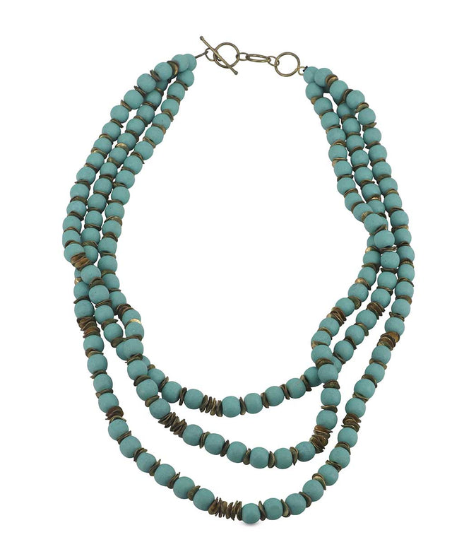 Powder Blue Multi-Strand Wood Bead Necklace with Brass Accents ...