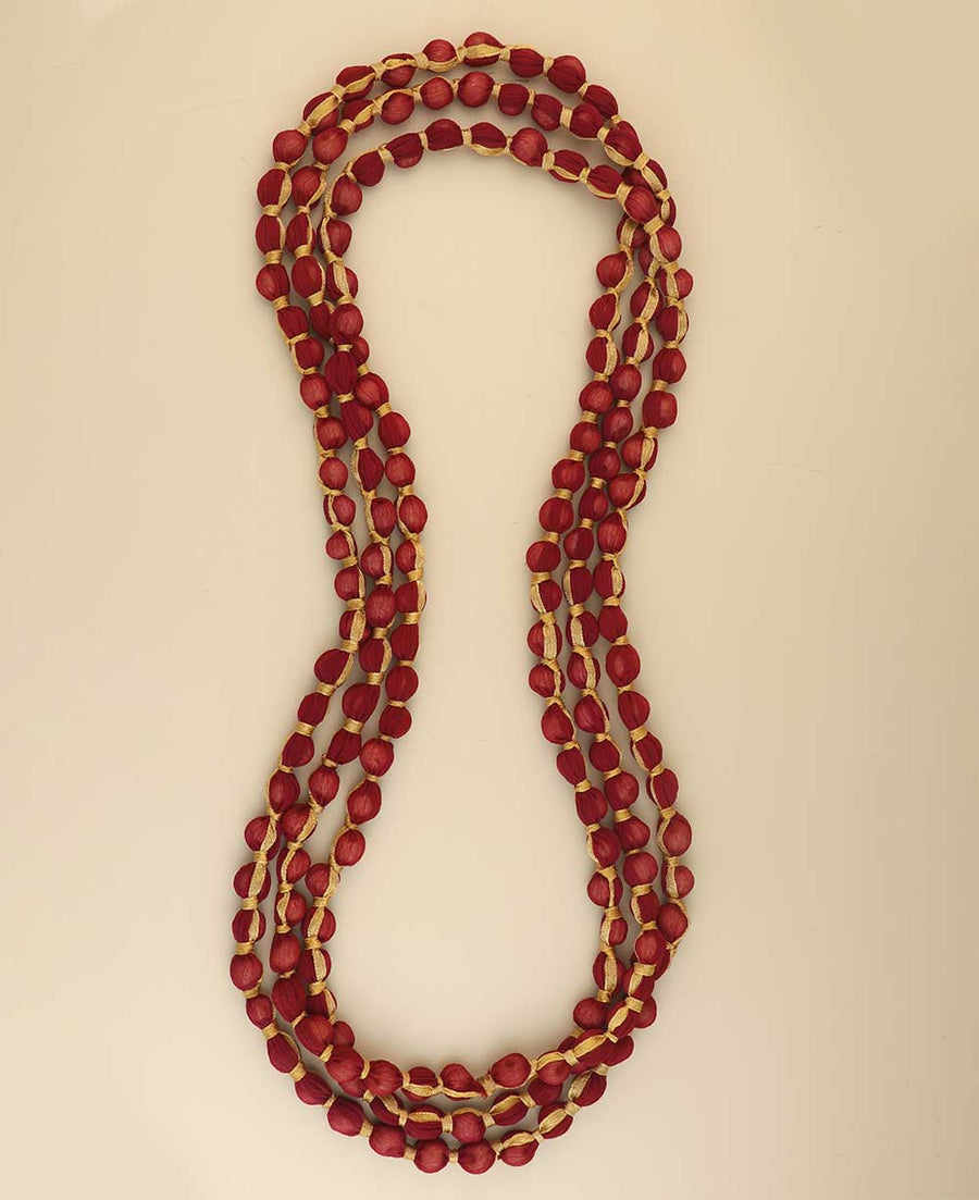 Endless Red Fabric-Wrapped Beaded Necklace with Beige Accents ...