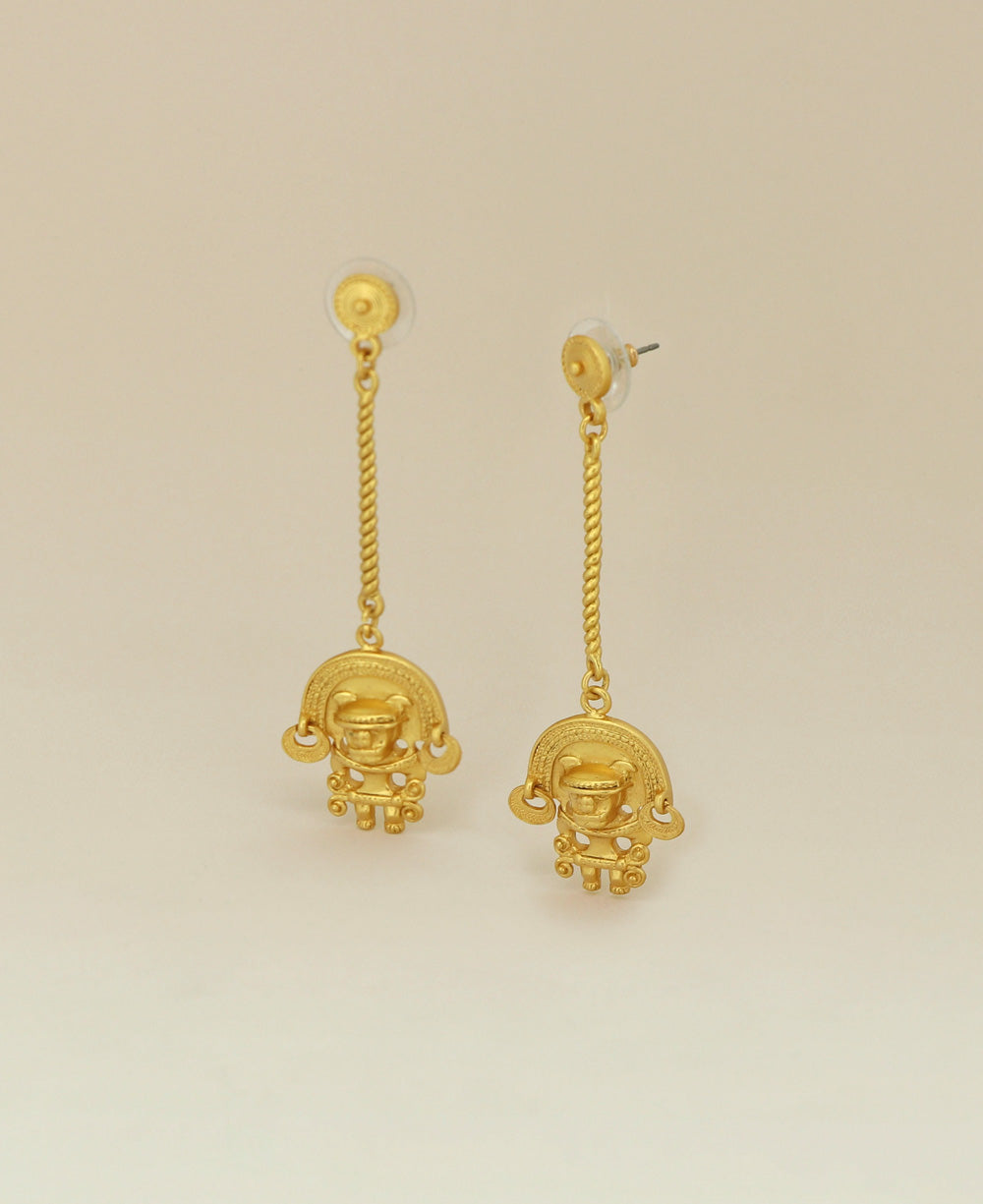 Gold Plated Tairona Symbol Drop Earrings, Colombia – Cultural Elements