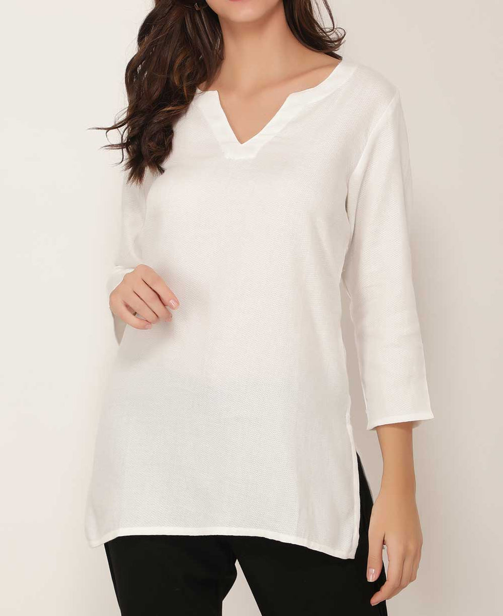 Textured White Cotton Tunic Top – Cultural Elements
